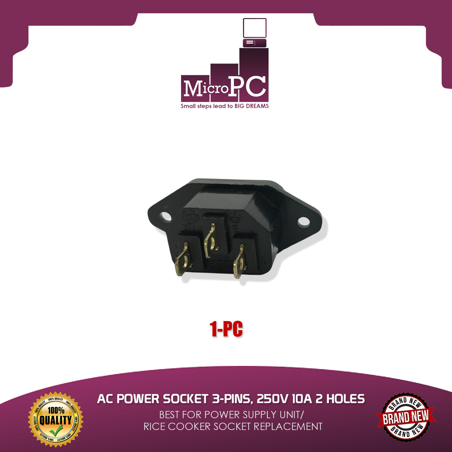AC POWER SOCKET 3-PINS, 250V 10A 2 HOLES, BEST FOR POWER SUPPLY UNIT ...