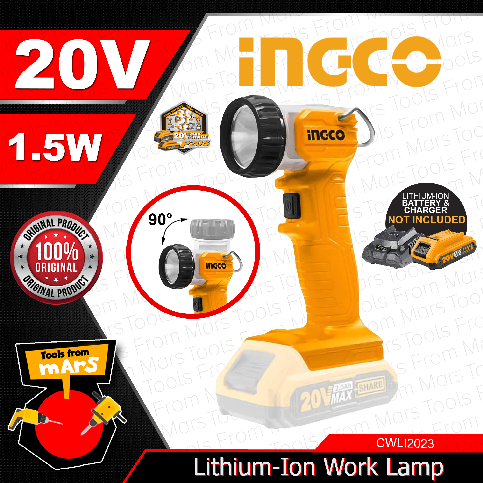 INGCO Cordless Lithium-ion Portable LED Work Lamp 20W 1.5W Work Light ...