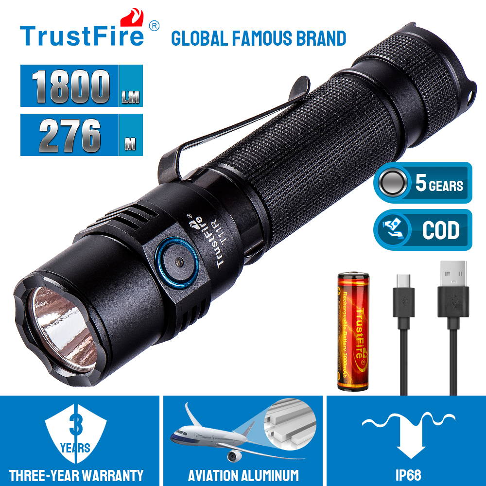 TrustFire T11R LED Flashlight 1800LM Tactical Flashlight Rechargeable ...