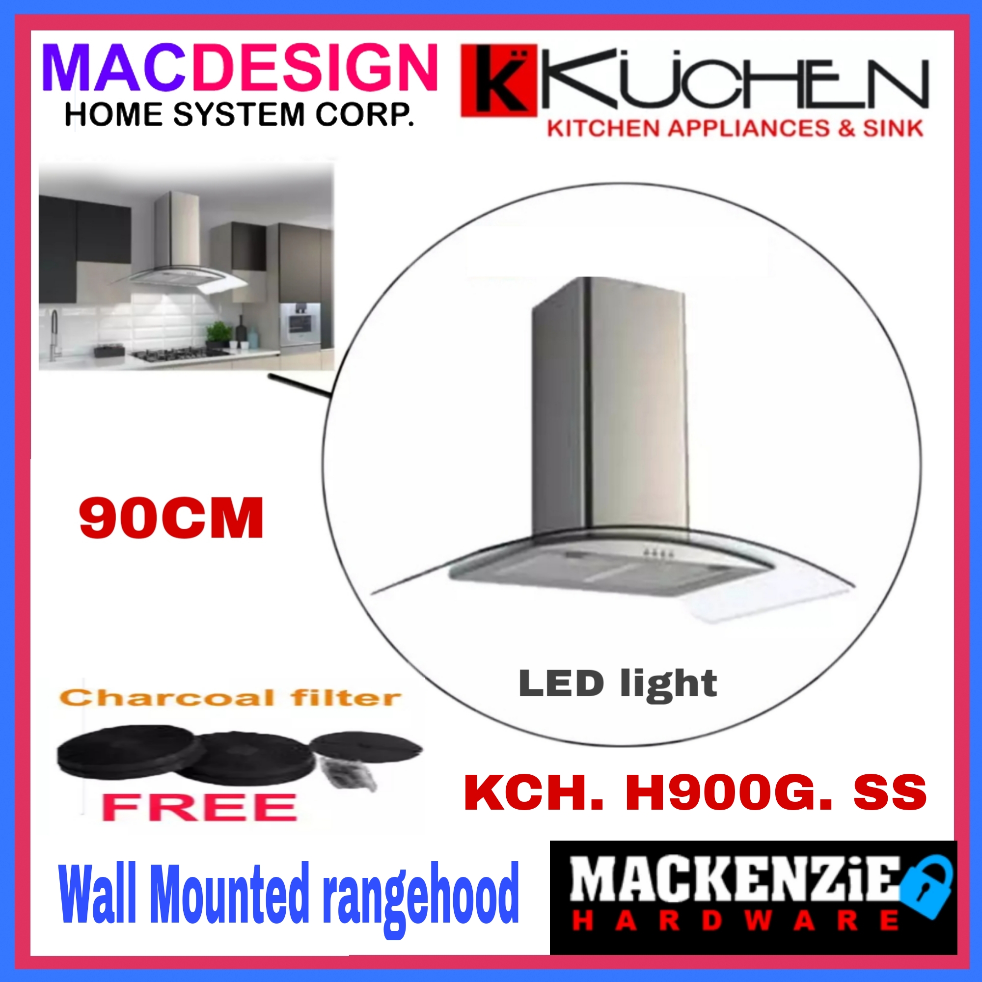 KUCHEN H900G WALL MOUNTED RANGEHOOD RANGE HOOD 90CM LED GLASS MACDESIGN ...