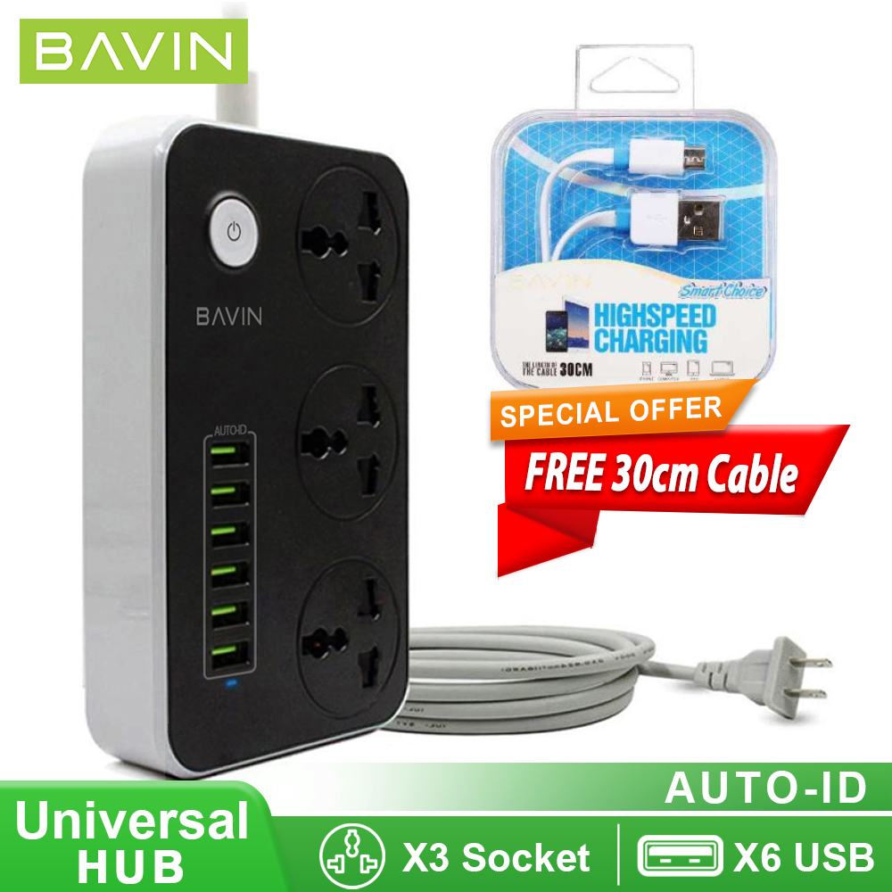 Bavin 6 USB Charging HUB with 3 Power Socket with FREE Bavin 30cm USB ...
