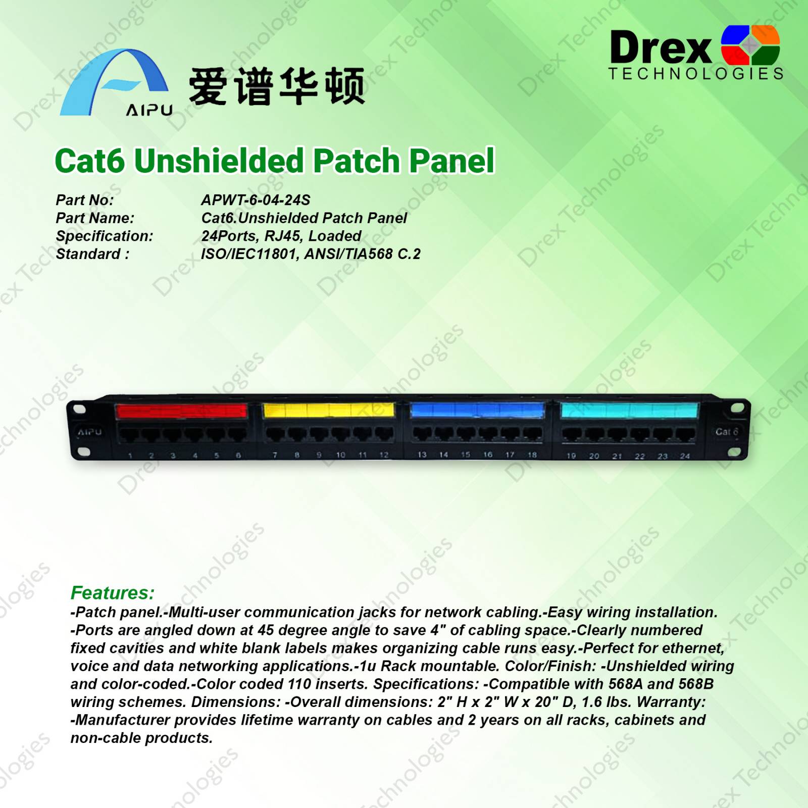Aipu 24-Port Cat6 Unshielded Patch Panel / Fully-Loaded Rj45 Patch ...