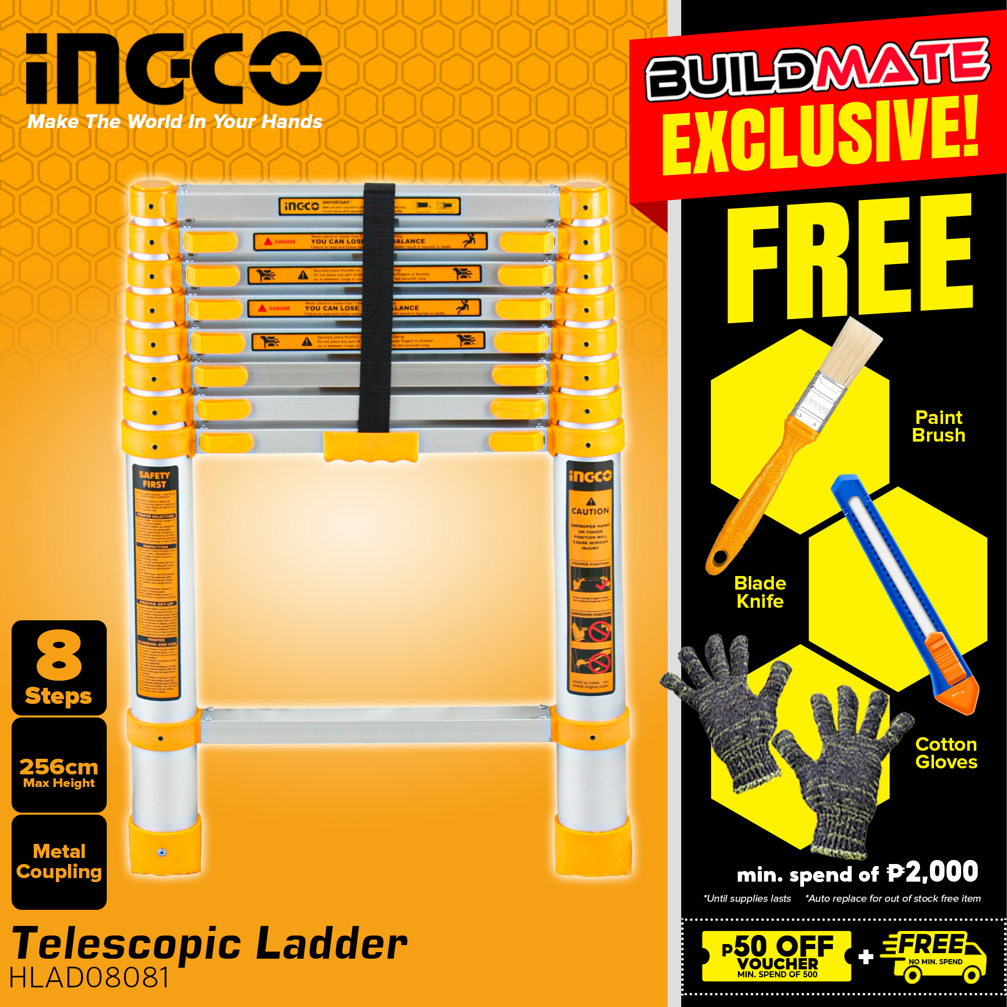 BUILDMATE Ingco Aluminum Telescopic Ladder Lifting Straight 6 | 8 | 10 ...