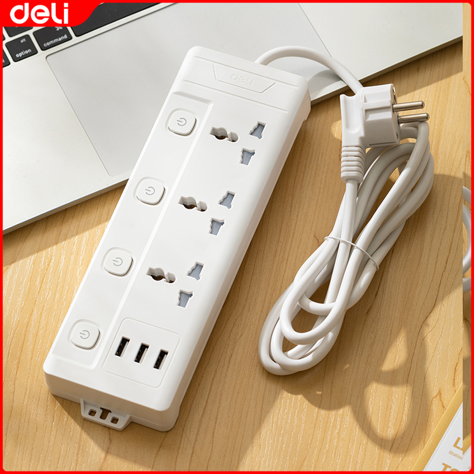 Deli 2 Meters Universal Hole Extension Cord Socket 3 Groups+3 USB Port ...