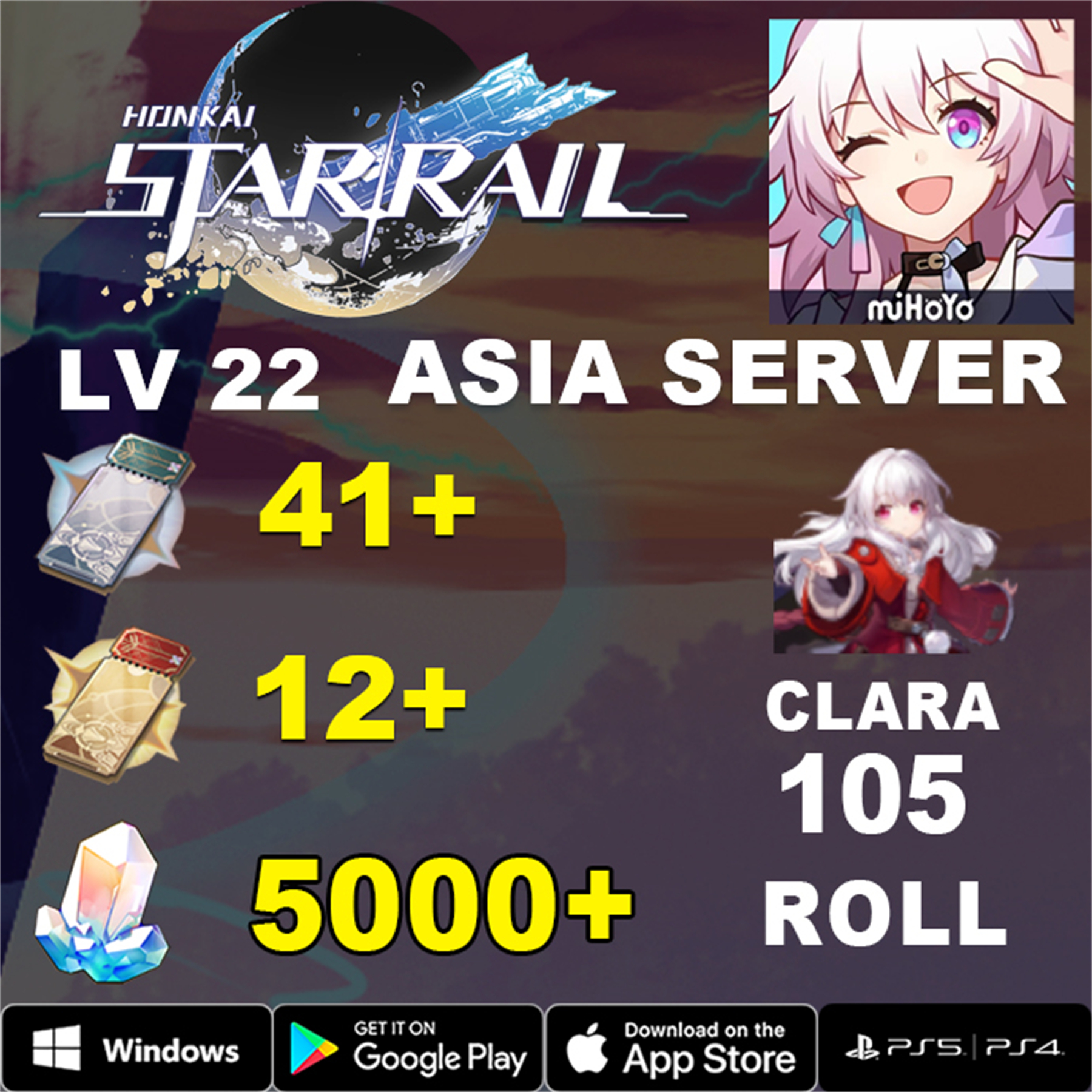 Honkai Star Rail Start 5 stars+125ROLLScharacters, seelee , Jing Yuan ...