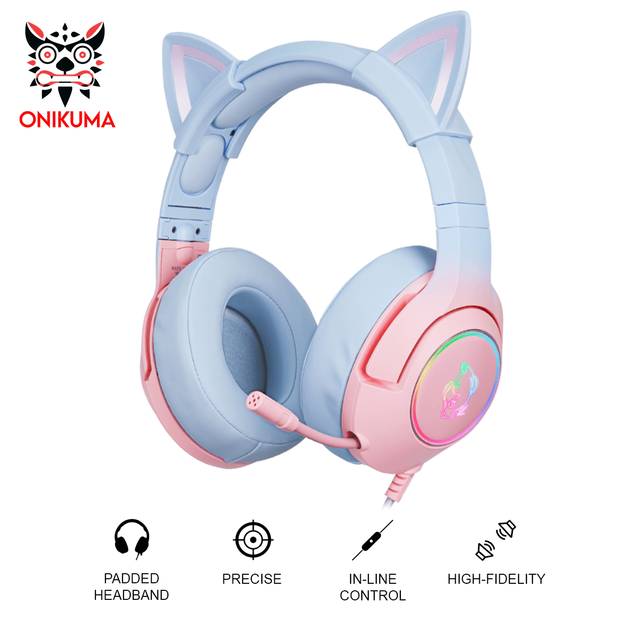 Onikuma K9 WIRED Gaming Headset with Removable Cat Ears Noise Canceling ...