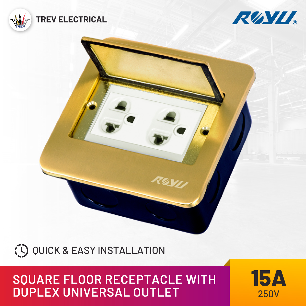 TREV Royu Square Floor Receptacle with Duplex Universal Outlet with ...