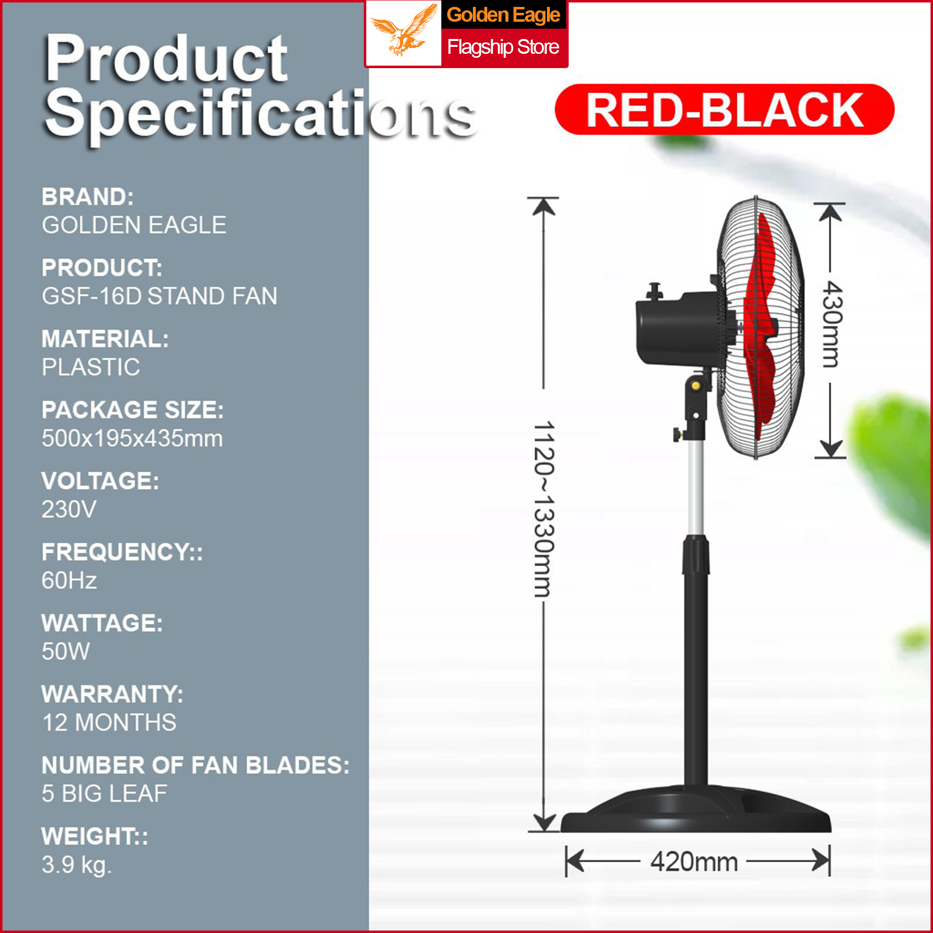 Golden Eagle 16" Industrial Electric Stand Fan, High Performance Three ...