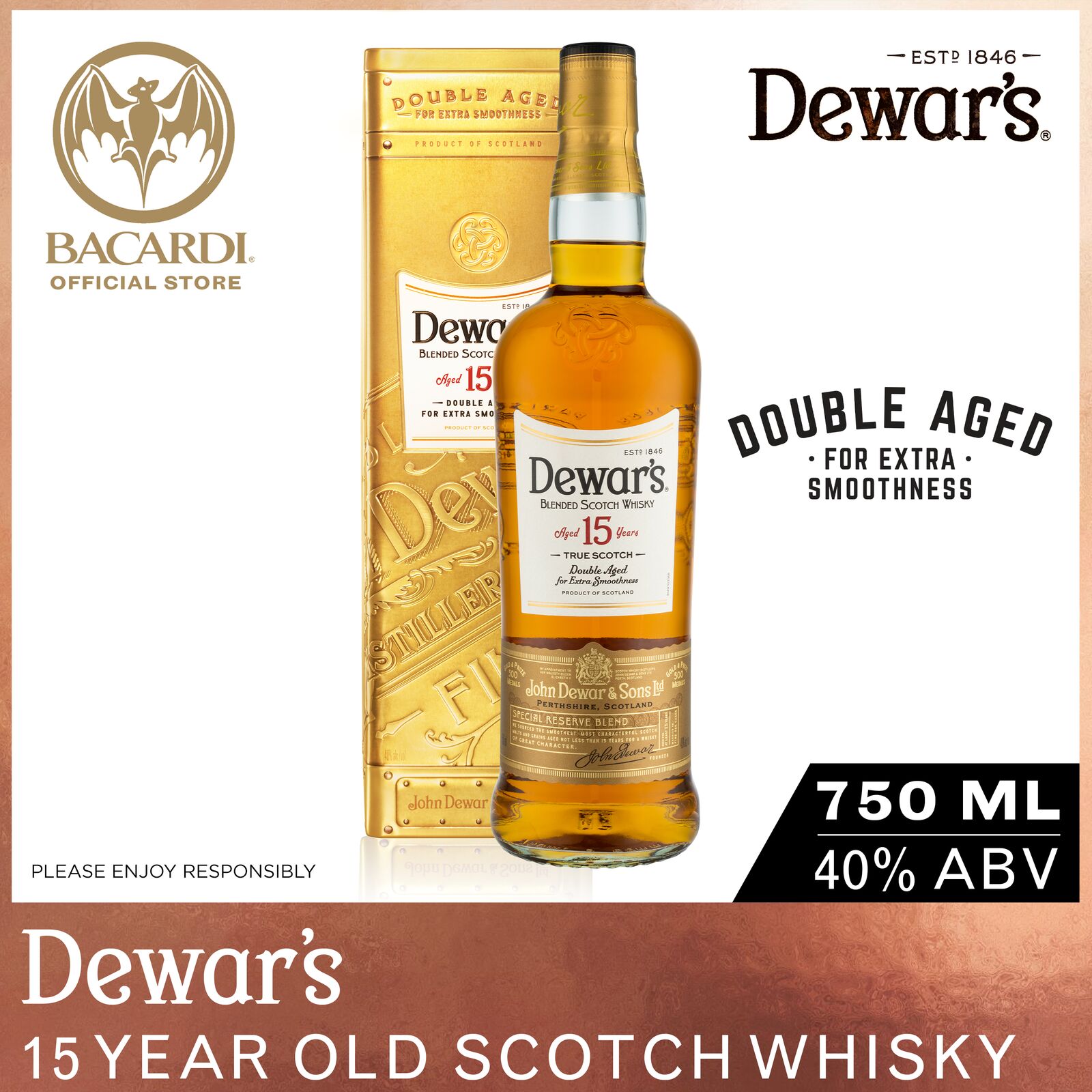 Dewar’s 15 Year Old Blended Scotch Whisky, Double Aged Oak Cask Whisky ...