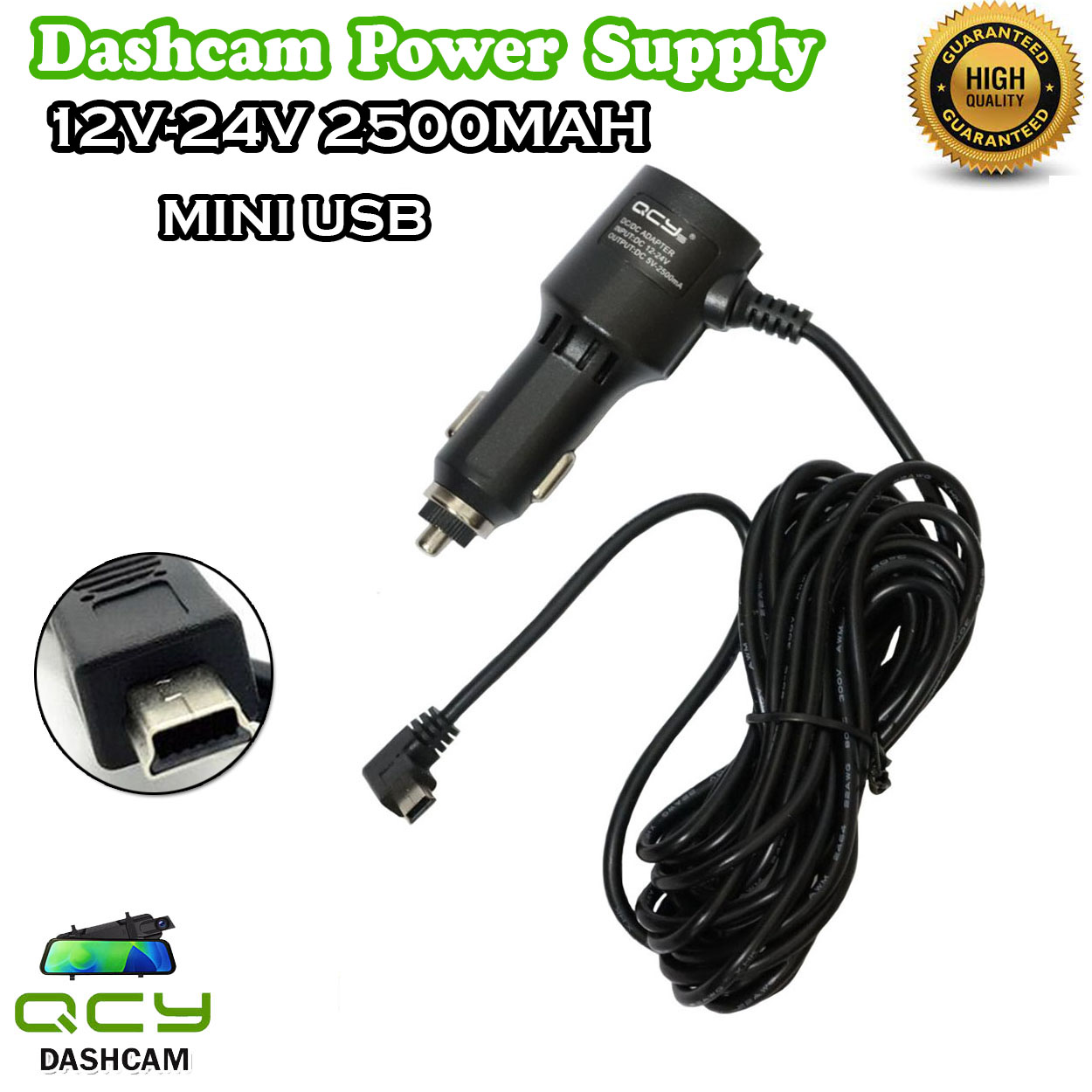 QCY Car Dashcam Charger Adapter Long Car Charger In Car Power Supply ...