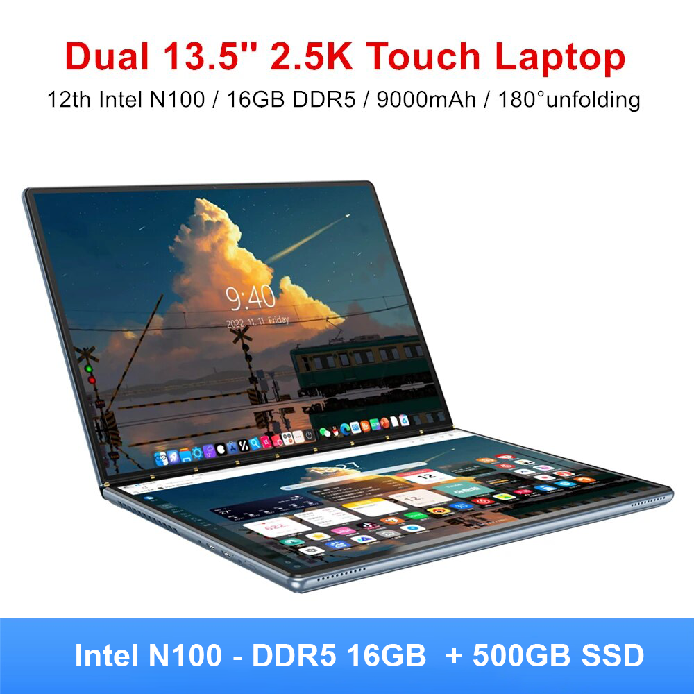 13.5Inch Portable Foldable Monitor Dual Touch Screen Laptop Intel N100 ...