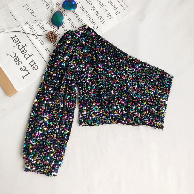 glitz and glamour Top sequins One Shoulder Puff Sleeve gla night outfit ...