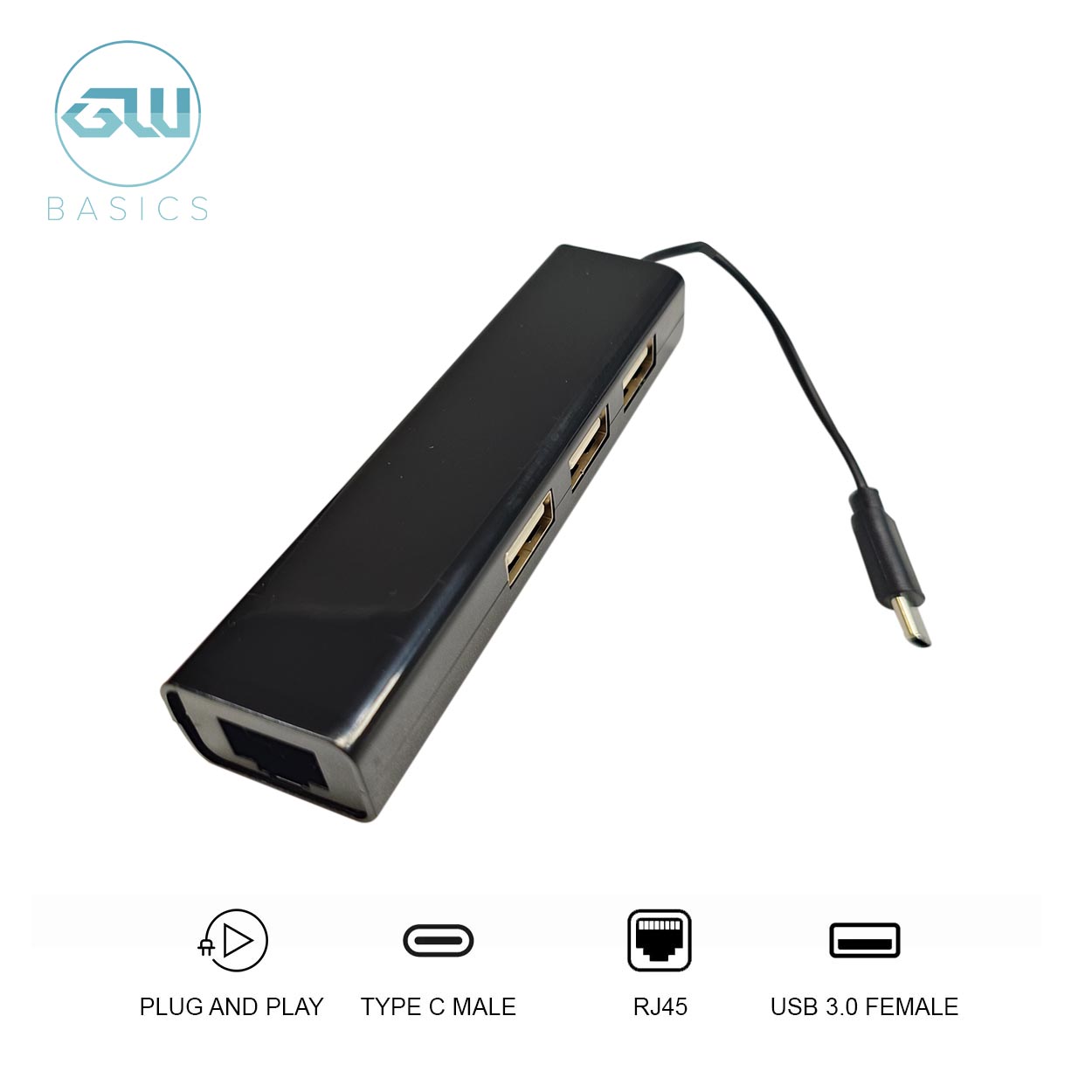 Gigaware Basics Type C USB 3.1 to USB 2.0 Hub 3 Port RJ45 Ethernet Lan ...