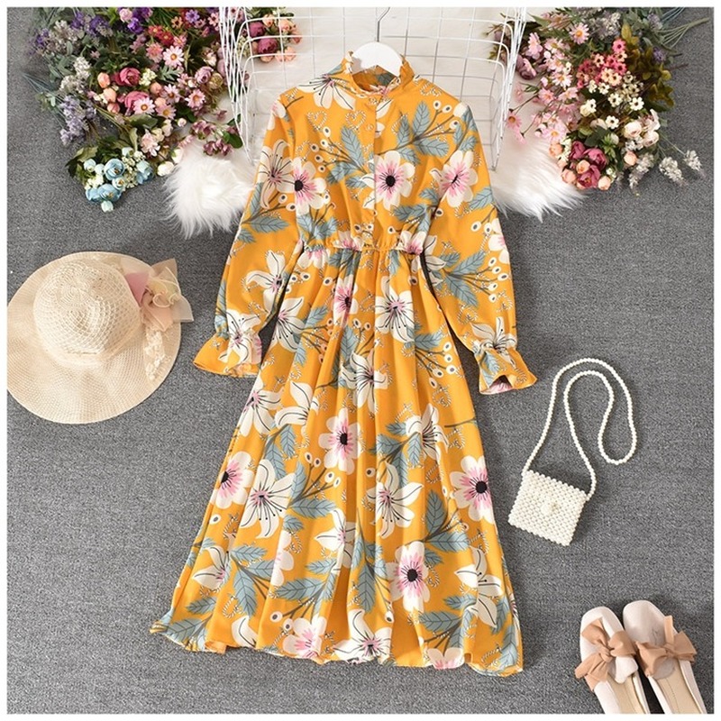 korean floral dress women fashion long sleeve spring autumn slim ...