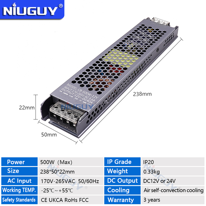 500W AC/DC 12V 24V Transformer 500W LED Driver Power Supply Super Thin ...