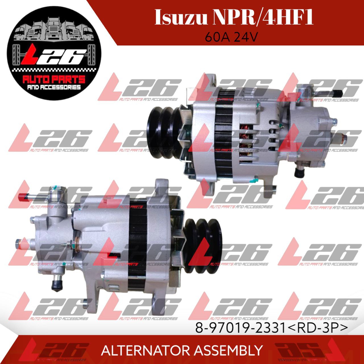 Isuzu NKR 4HF1 Alternator Assembly 60A , 24v 8-97019-2331 RD-3p Triple Pulley w/ Vacuum KHYBRID ...
