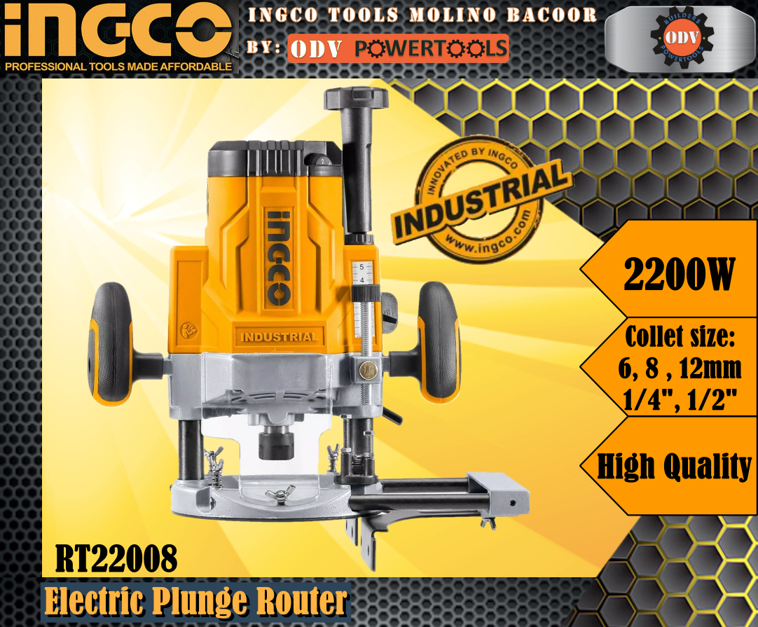 Ingco RT22008 Industrial Electric Plunge Router Trimmer 2200W 0-60mm ...