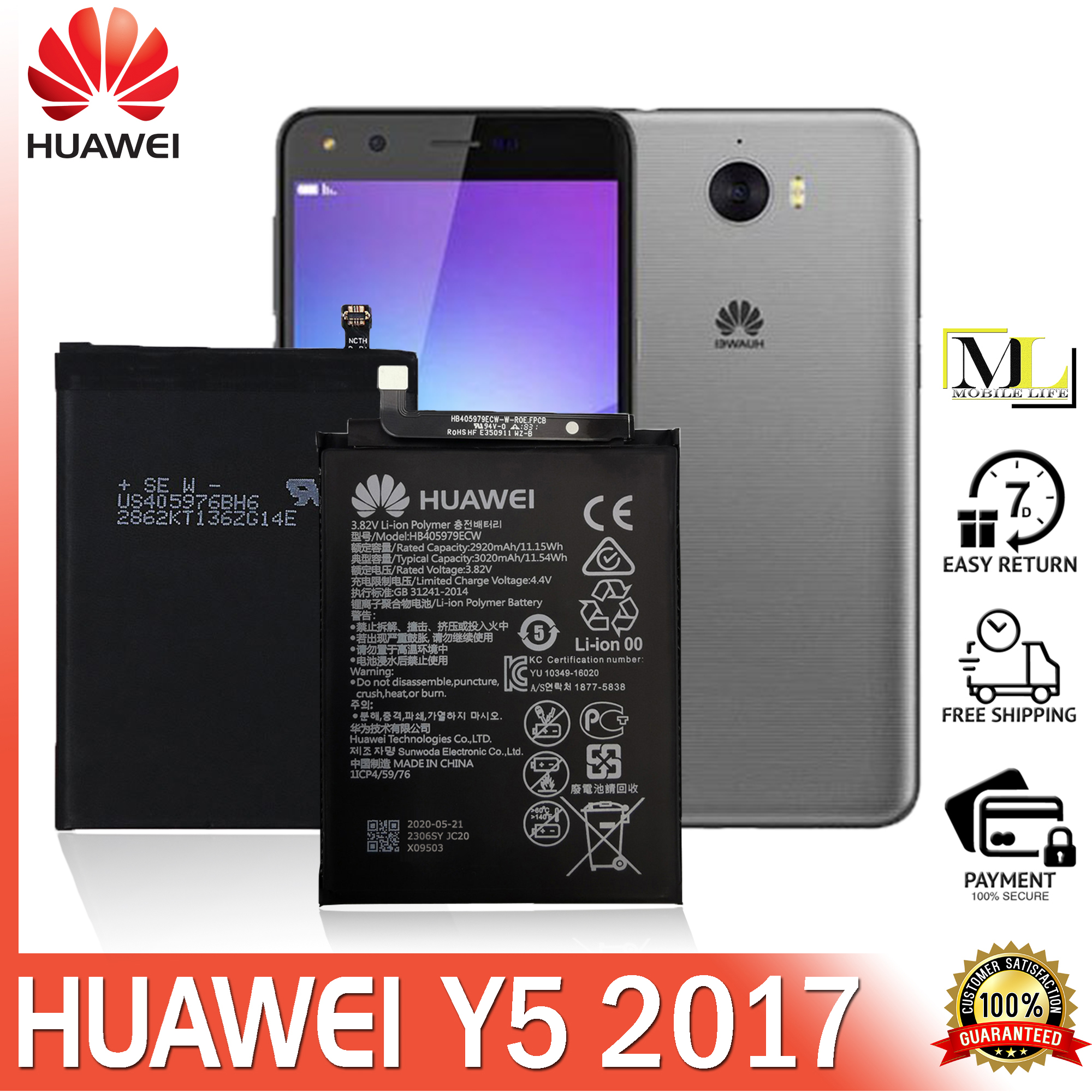 Huawei Y5 2017 (HB405979ECW) Battery (100% Original) | Lazada PH