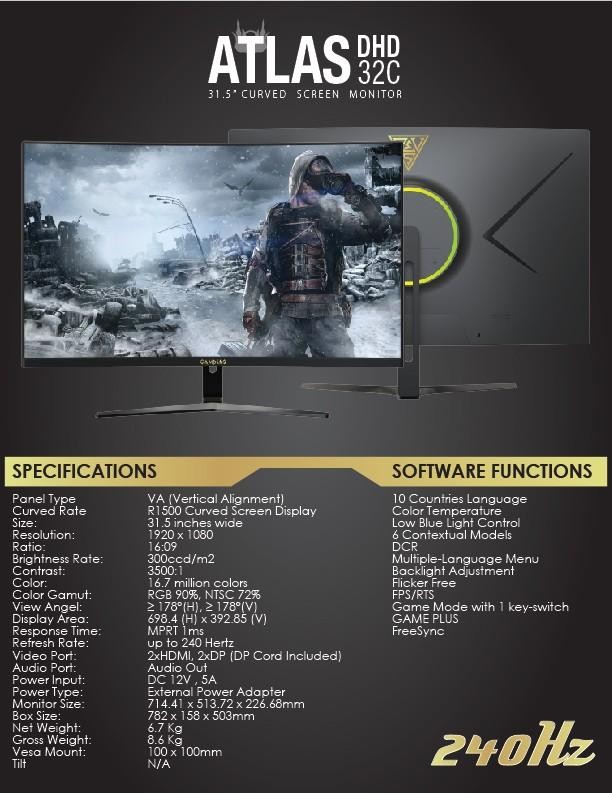 32 Inches Gamdias Atlas 240Hz Monitor DHD32C | Game Mode FPS/RTS Switch ...