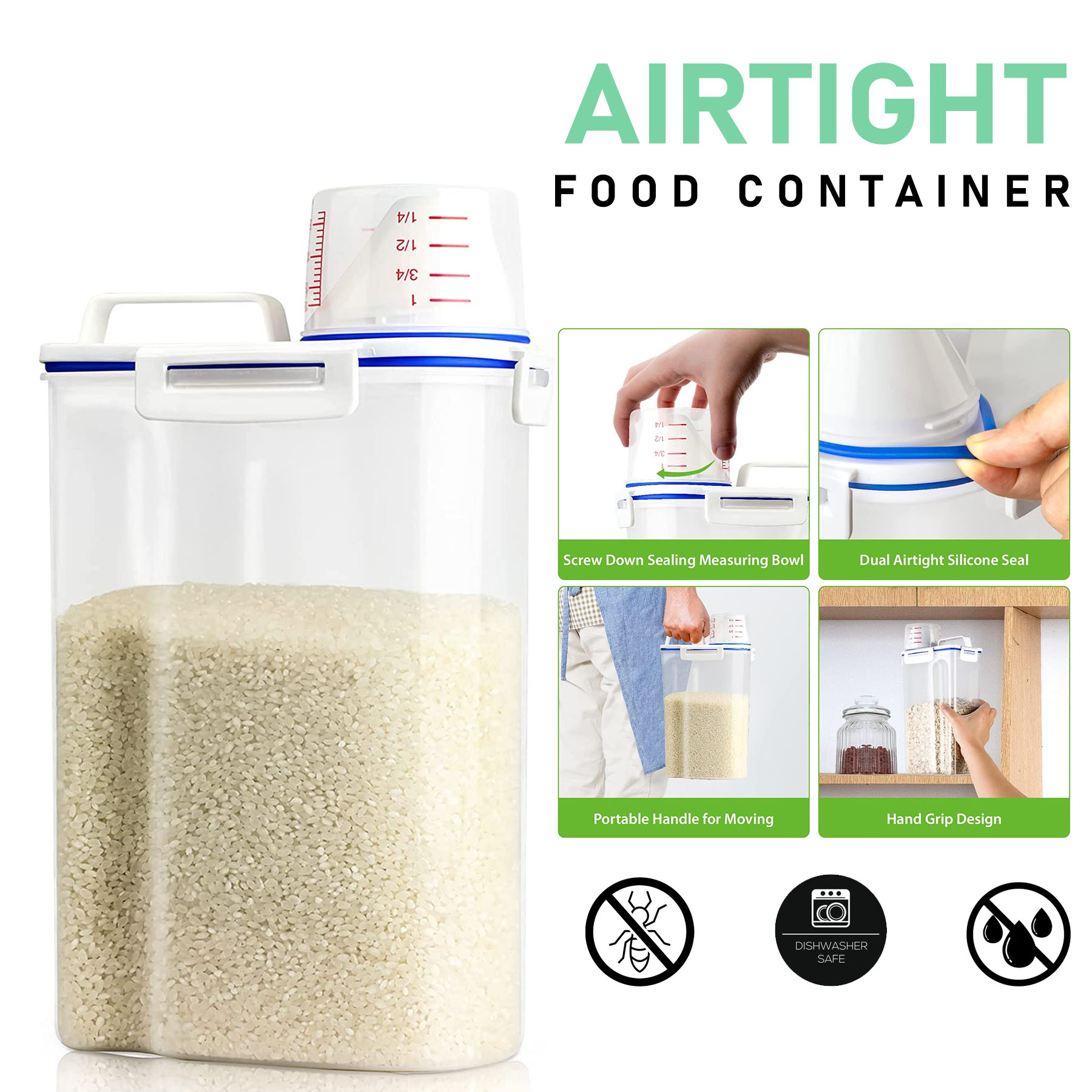 Airtight Rice Storage Container, BPA Free Plastic Dry Food Container ...