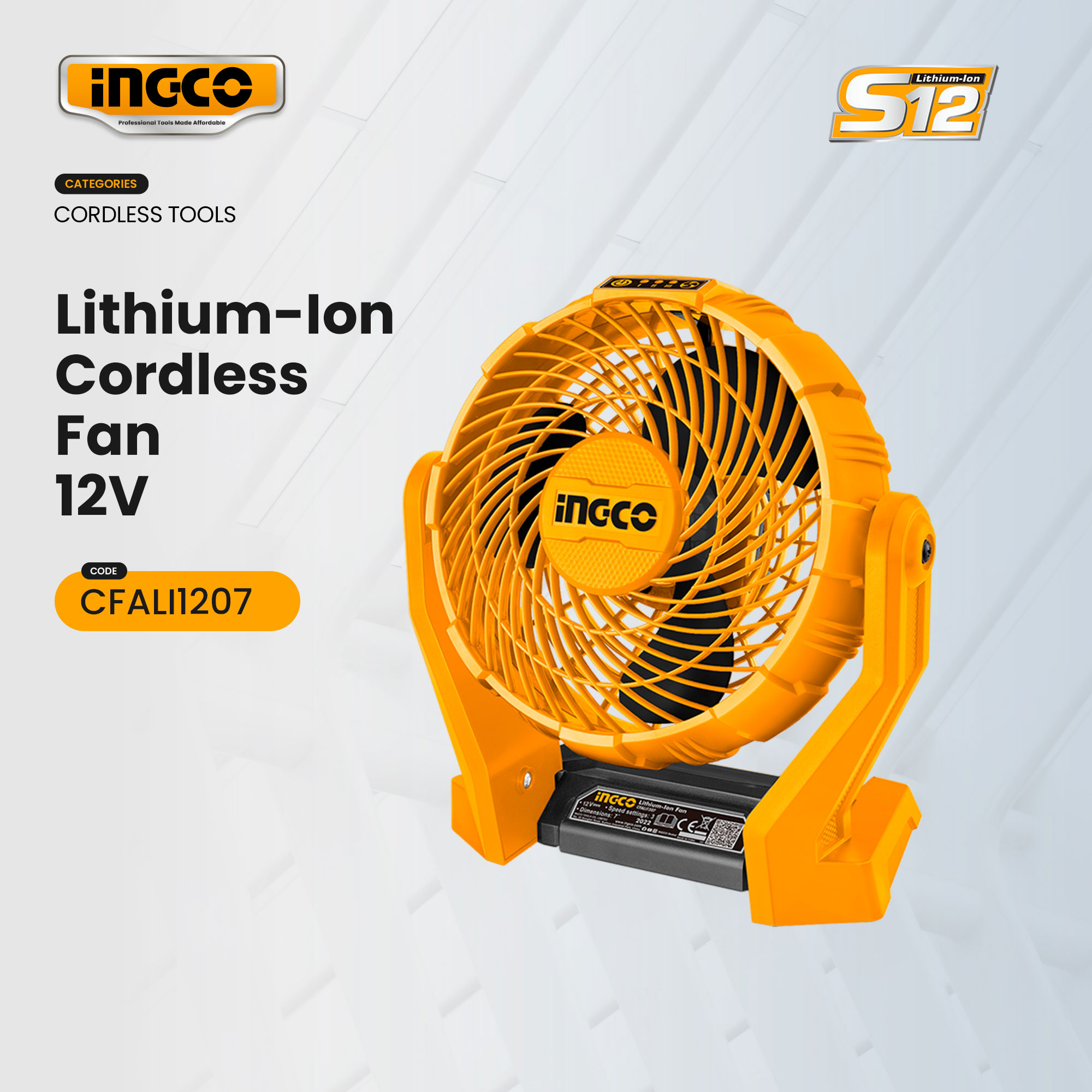 Ingco Cordless Lithium-Ion Fan 12V 3Speed 7" Inches Head Rotation ...