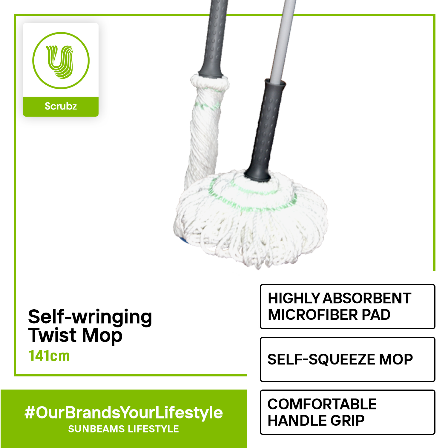 SCRUBZ Premium Microfiber Cloth Twist Mop Head Self-Wringing Stainless ...