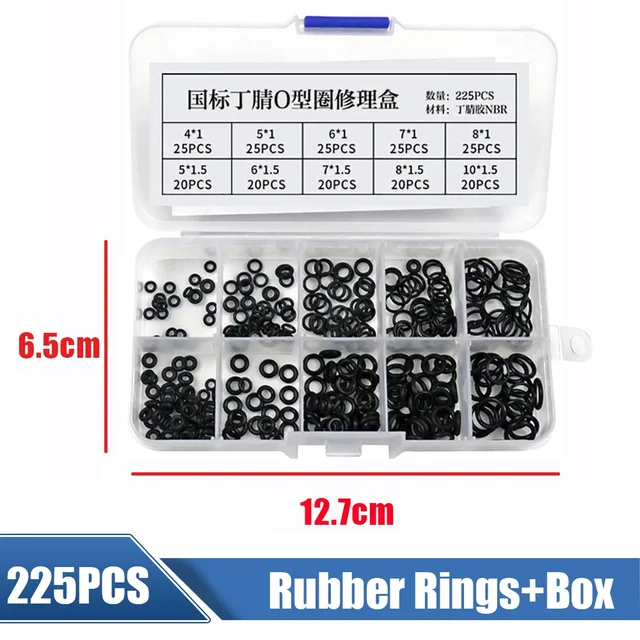 225 pcs Box Black Rubber O Ring Washer Seals O-Ring Assortment kit for ...