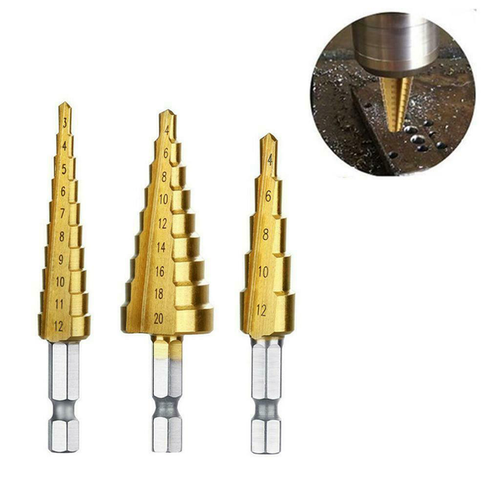 3Pcs/Set Hexagonal Shank High-speed Steel Step Cone Dril Bits 3-12mm/4 ...