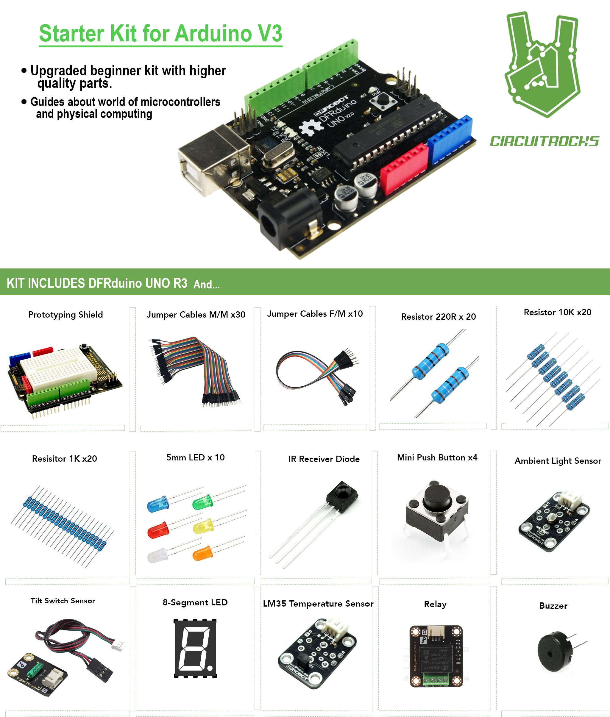 Uno Starter Kit V3 by DFRobot with Temperature Light Sensor, Jumper ...