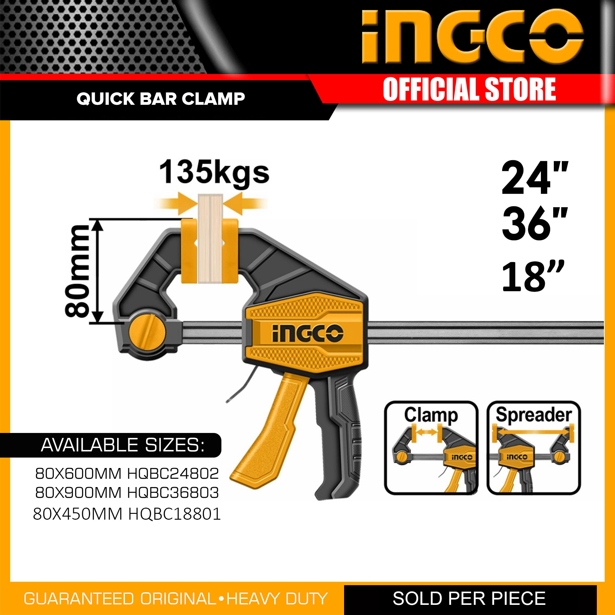 Ingco 18"- 36" Inch Quick Bar Clamp HQBC24802 / HQBC36803 / HQBC18801 ...