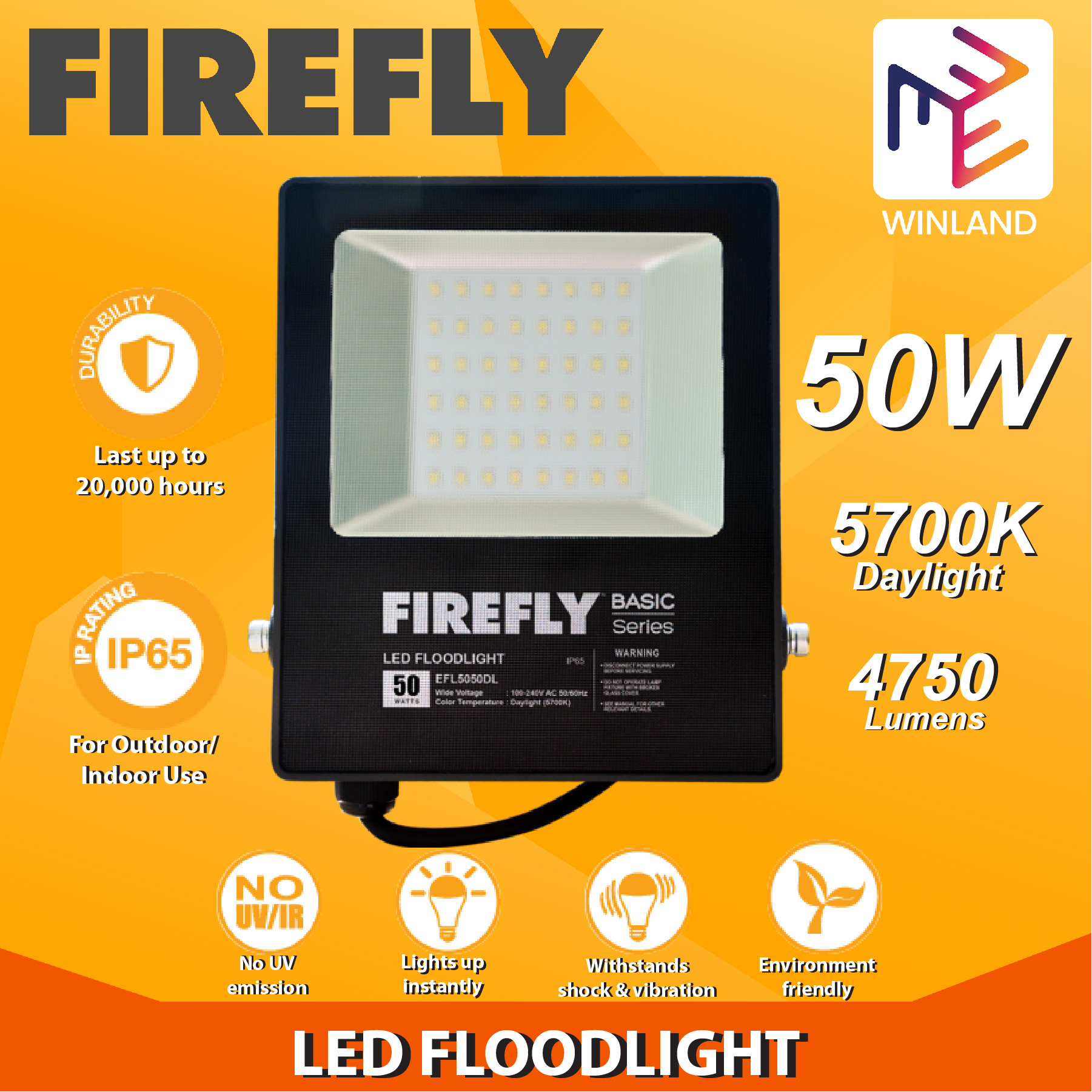FIREFLY by Winland Pro Floodlight 50W Outdoor Basic Series Daylight FIREFLY by Winland EFL5050DL ...