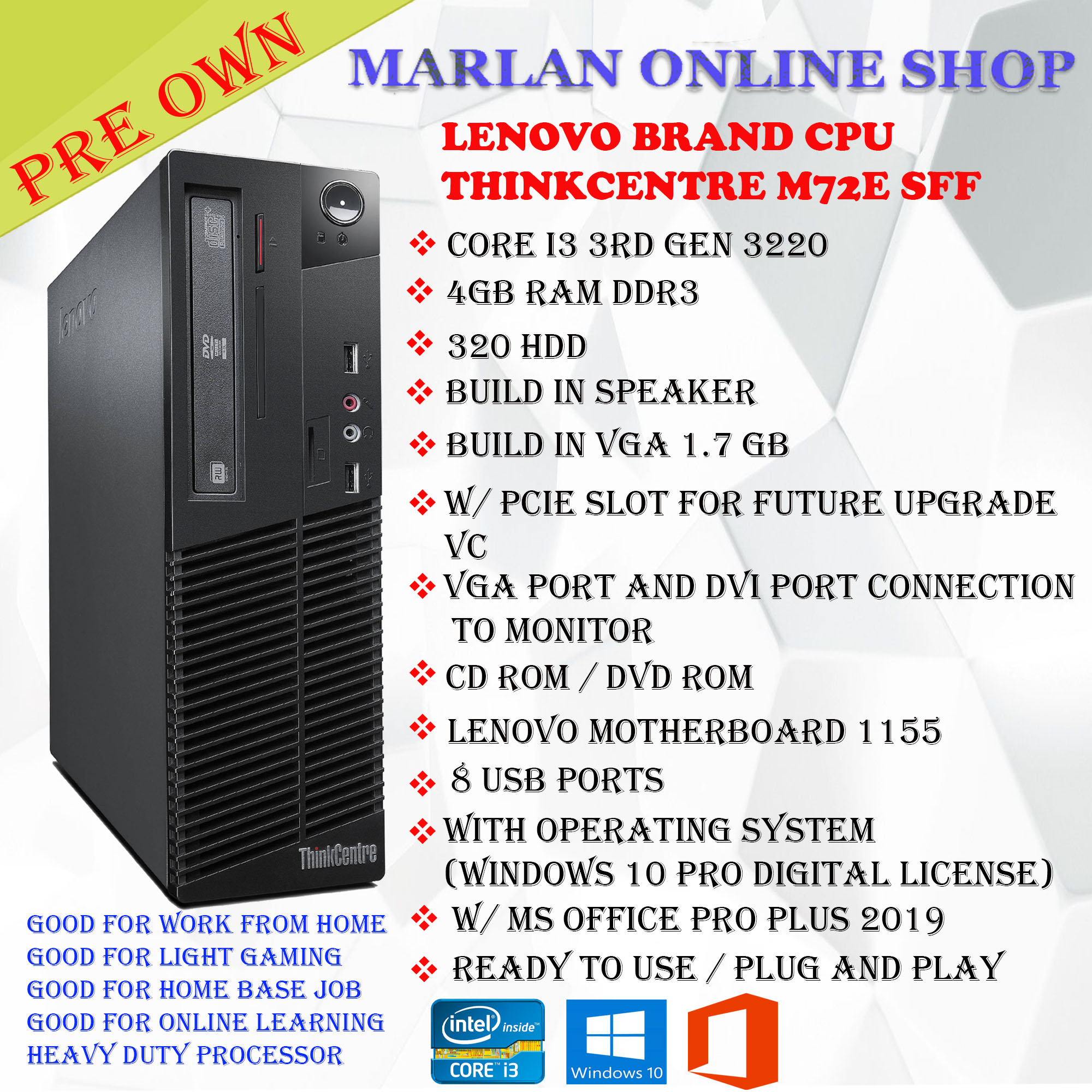 LENOVO THINKCENTRE CPU CORE I3 3RD GEN 3220 3.30GHZ WITH OPERATING ...