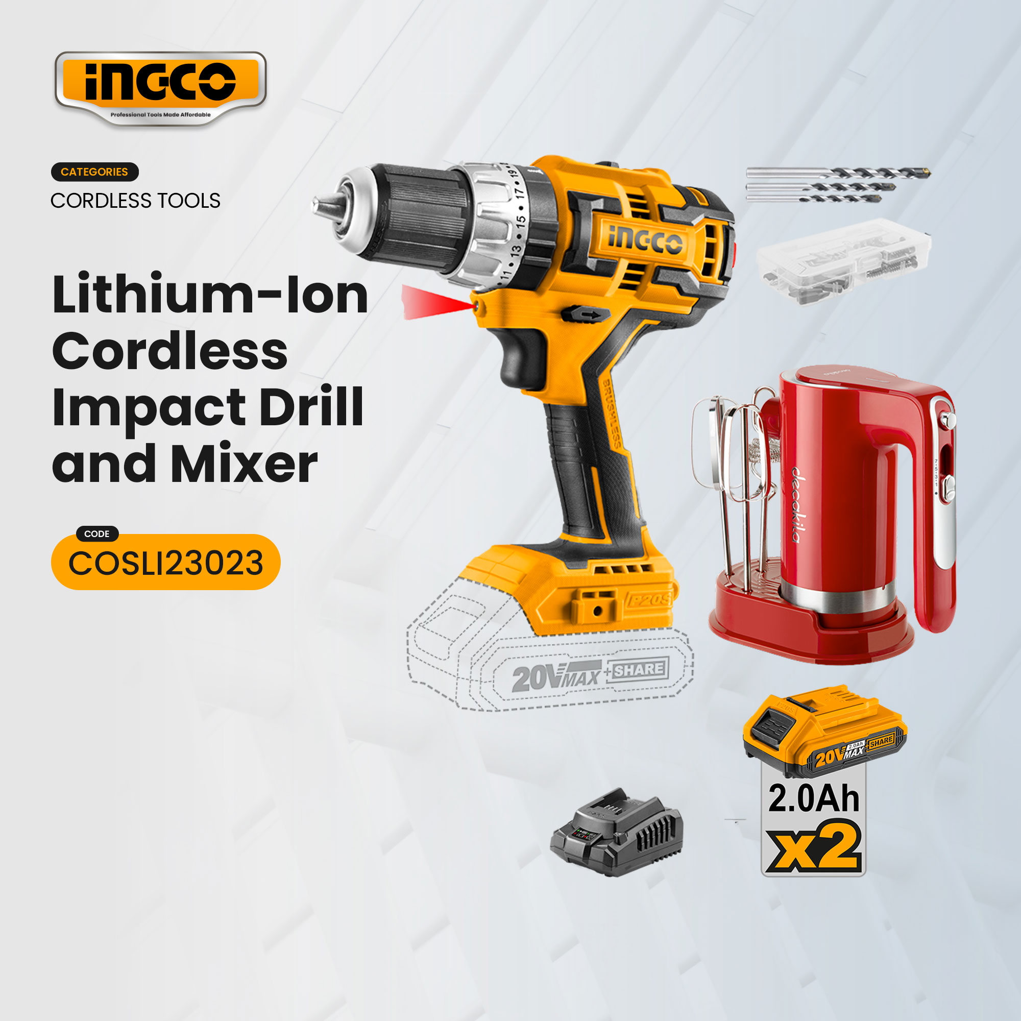 Ingco Cordless 2PCS Combo Kit Brushless Impact Drill 60NM with Mixer ...
