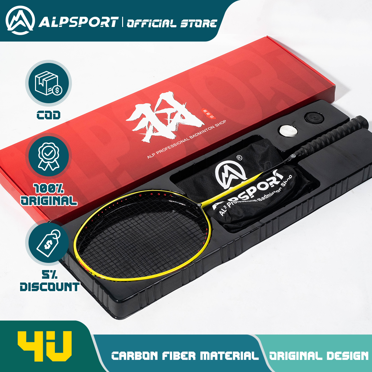 ALPSPORT V5 2.0 badminton racket set max 30lbs ultra-light full carbon ...