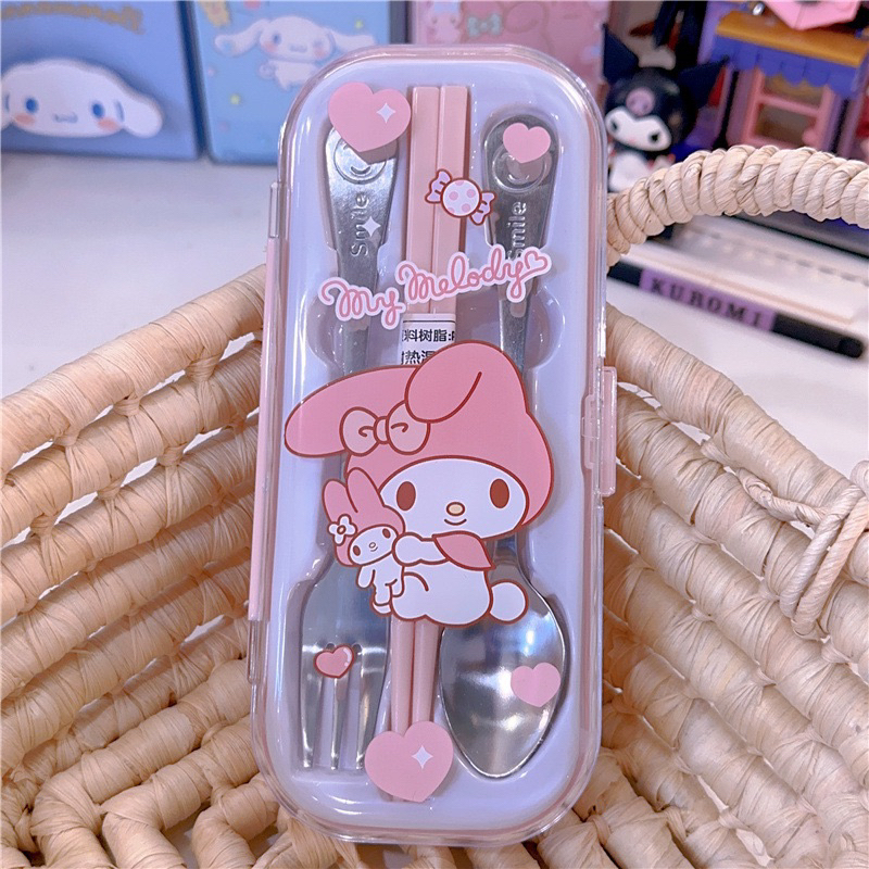 Cute Hello Kitty Melody Kuromi Spoon and Fork Utensils Set Chopsticks ...