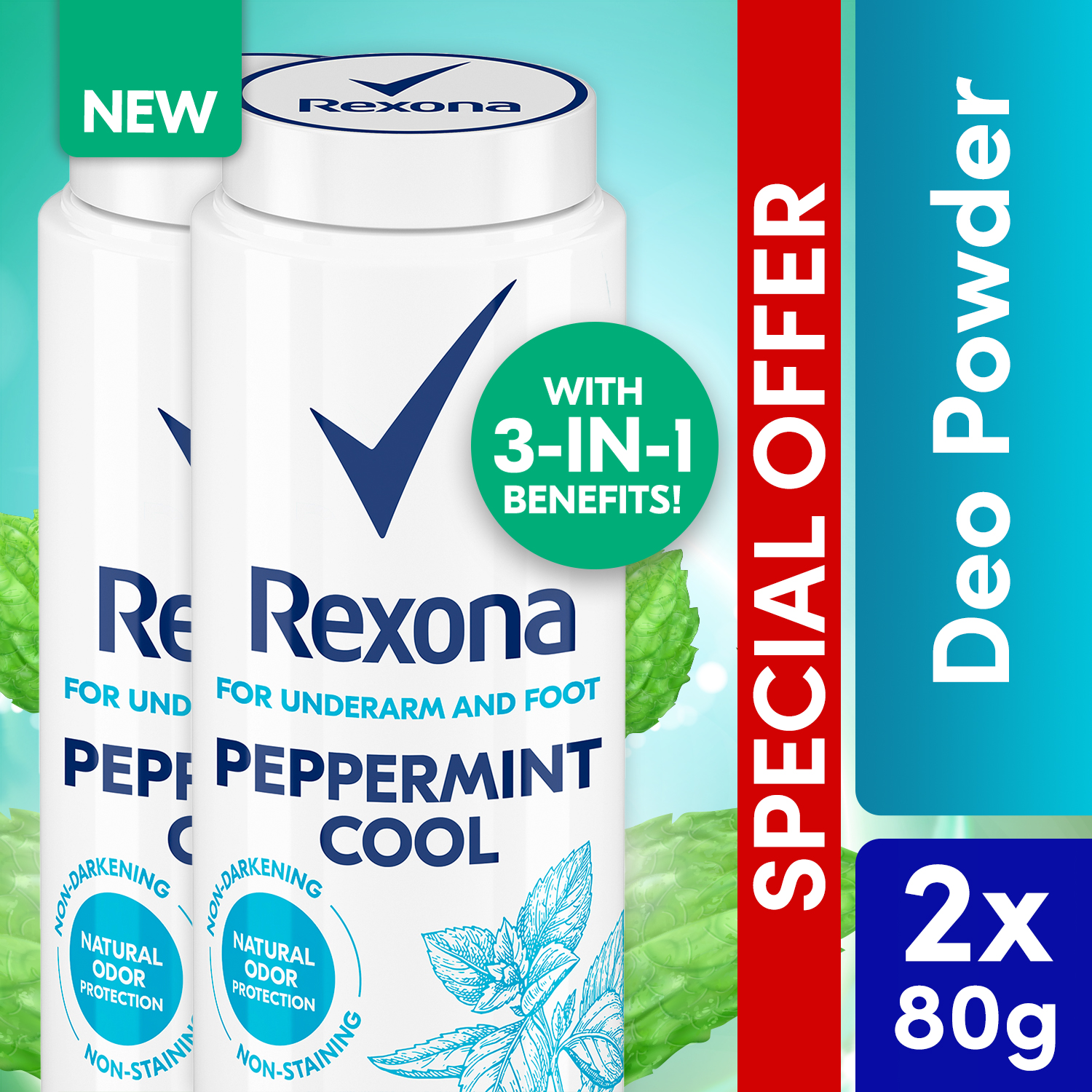 Rexona 3-in-1 Deo Powder Peppermint Cool 80g x2 | Lazada PH