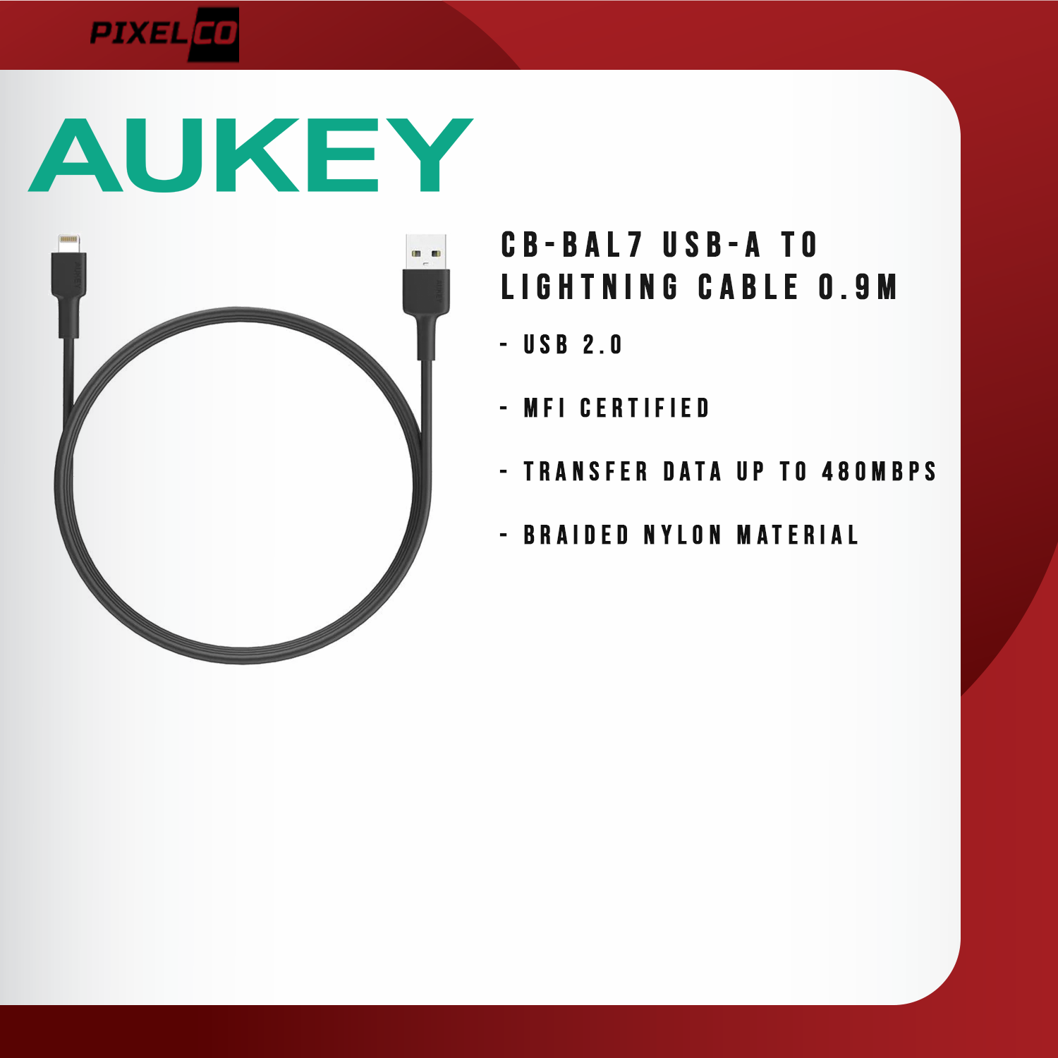Aukey CB-BAL7 USB-A to Lightning Cable 0.9m USB 2.0 MFI Certified ...
