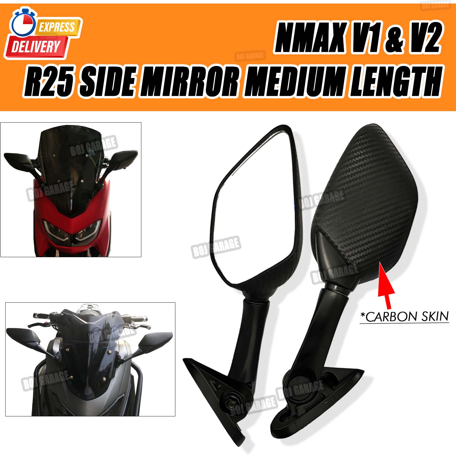YAMAHA NMAX R25 Side Mirror Carbon Heavy Duty Black Medium Length Plug ...