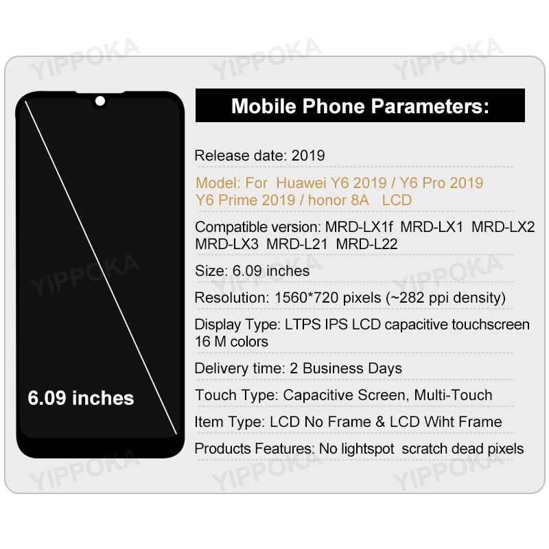 6.09 “สำหรับ Huawei Y6 2019 LCD Y6 Pro 2019จอแสดงผล MRD-LX1F หน้าจอ ...