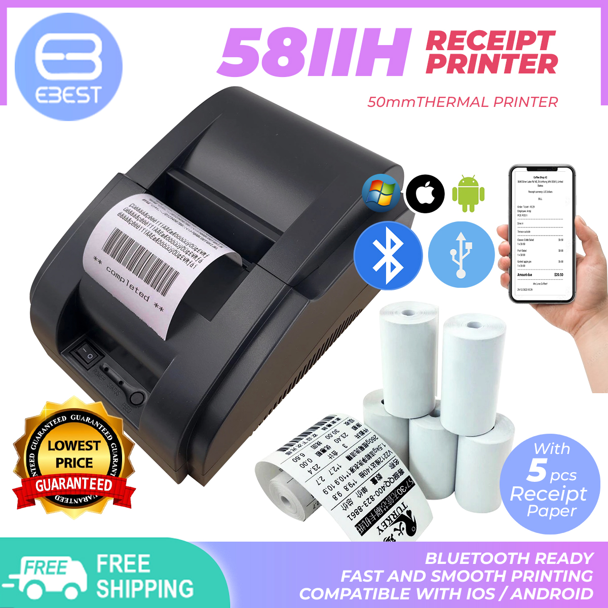 Xprinter 58IIH Receipt Thermal Printer Bluetooth & USB with 5pcs ...