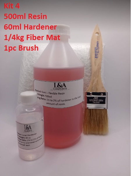 Fiberglass Premix Resin (B) Kit 4 - 500ml Resin, 60ml Hardener, 1/4kg Fiber Mat with 1pc Brush ...