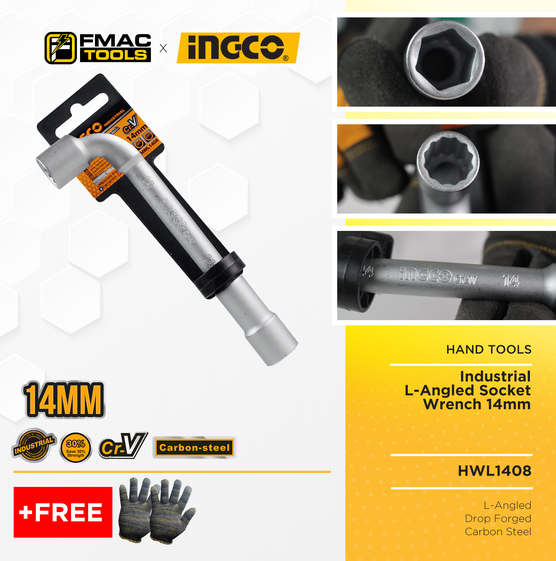INGCO Industrial L-Angled Socket Wrench 14mm HWL1408 + FREEBIES FMAC TOOLS | Lazada PH