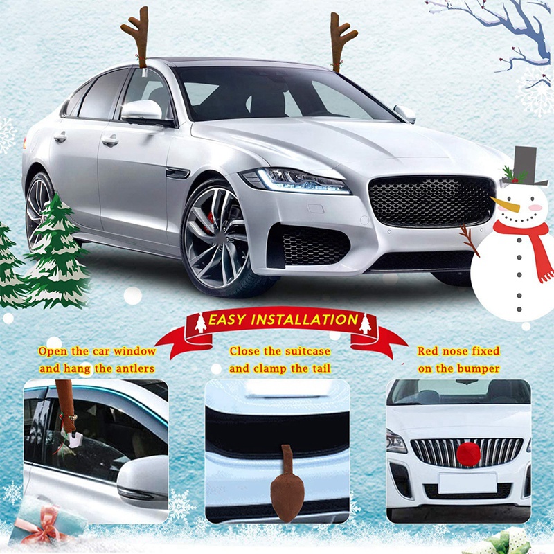 Car Reindeer Antlers & Nose Decorations Top & Front Grille Reindeer ...