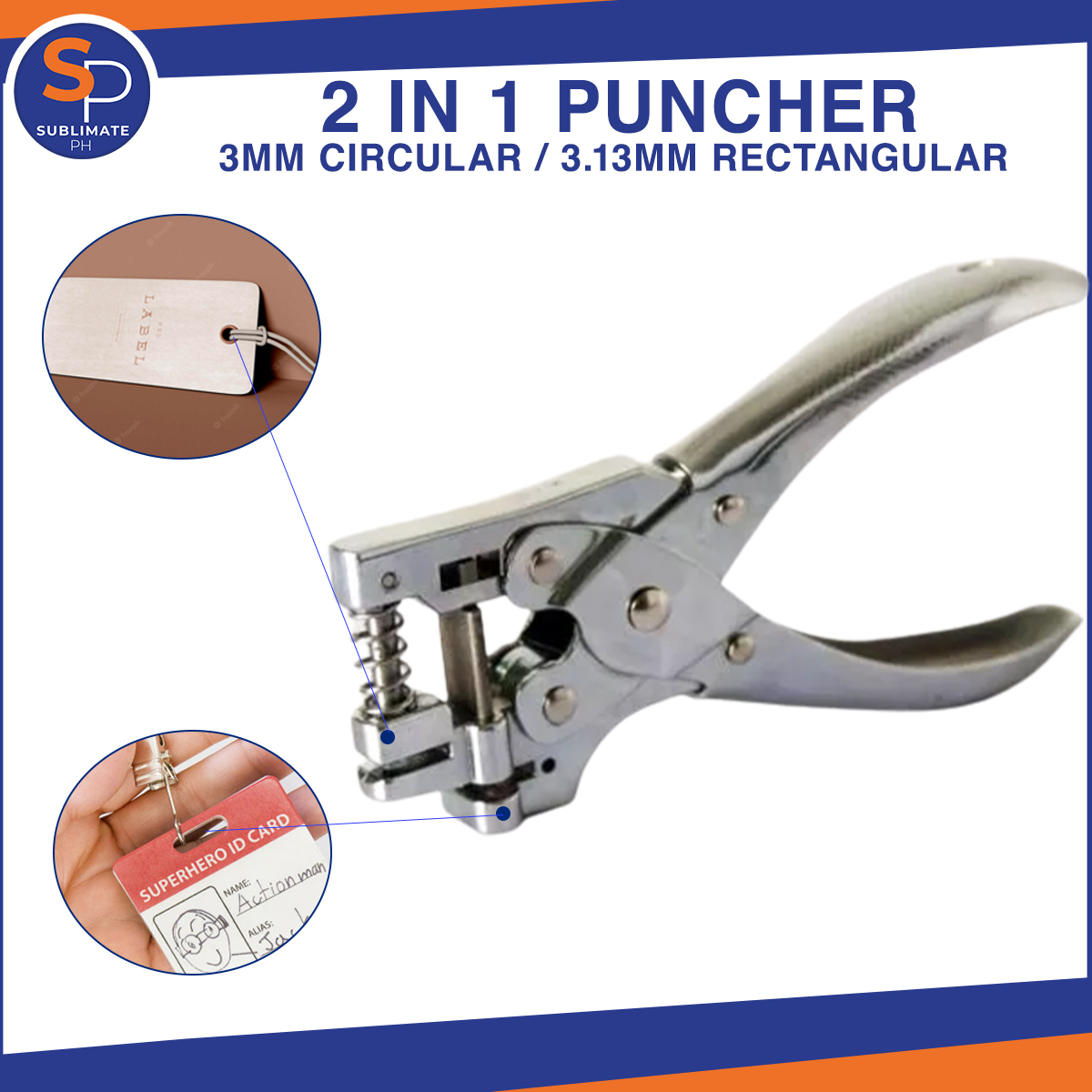 2in1 Hole Puncher (3mm Circular /3.13mm Rectangular) Metal PVC ID ...
