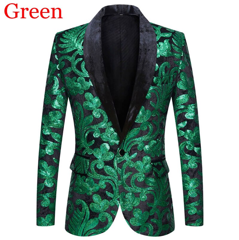 Shiny Green Floral Sequin Tuxedo Blazers Men One Button Shawl Collar Dress Suit Jacket Party ...