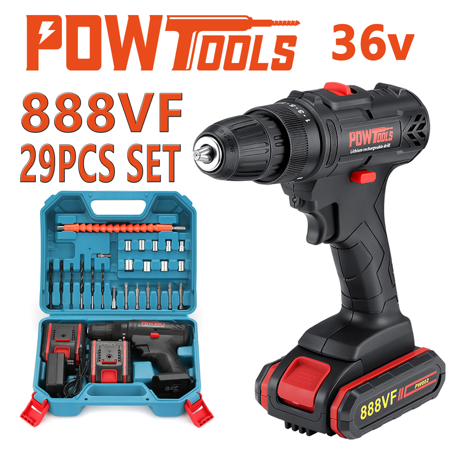 COD POWTools 36v Cordless Drill Electric 2 Battery With Case ...