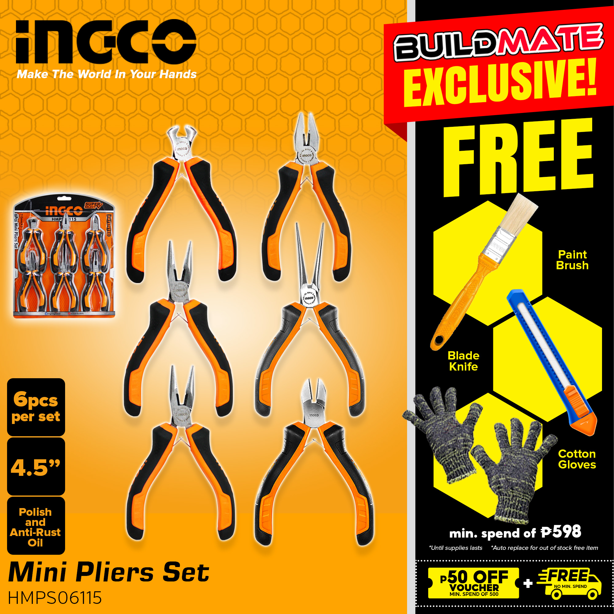 INGCO Mini Pliers 6 PCS SET HMPS06115 •BUILDMATE• H-TSS | Lazada PH