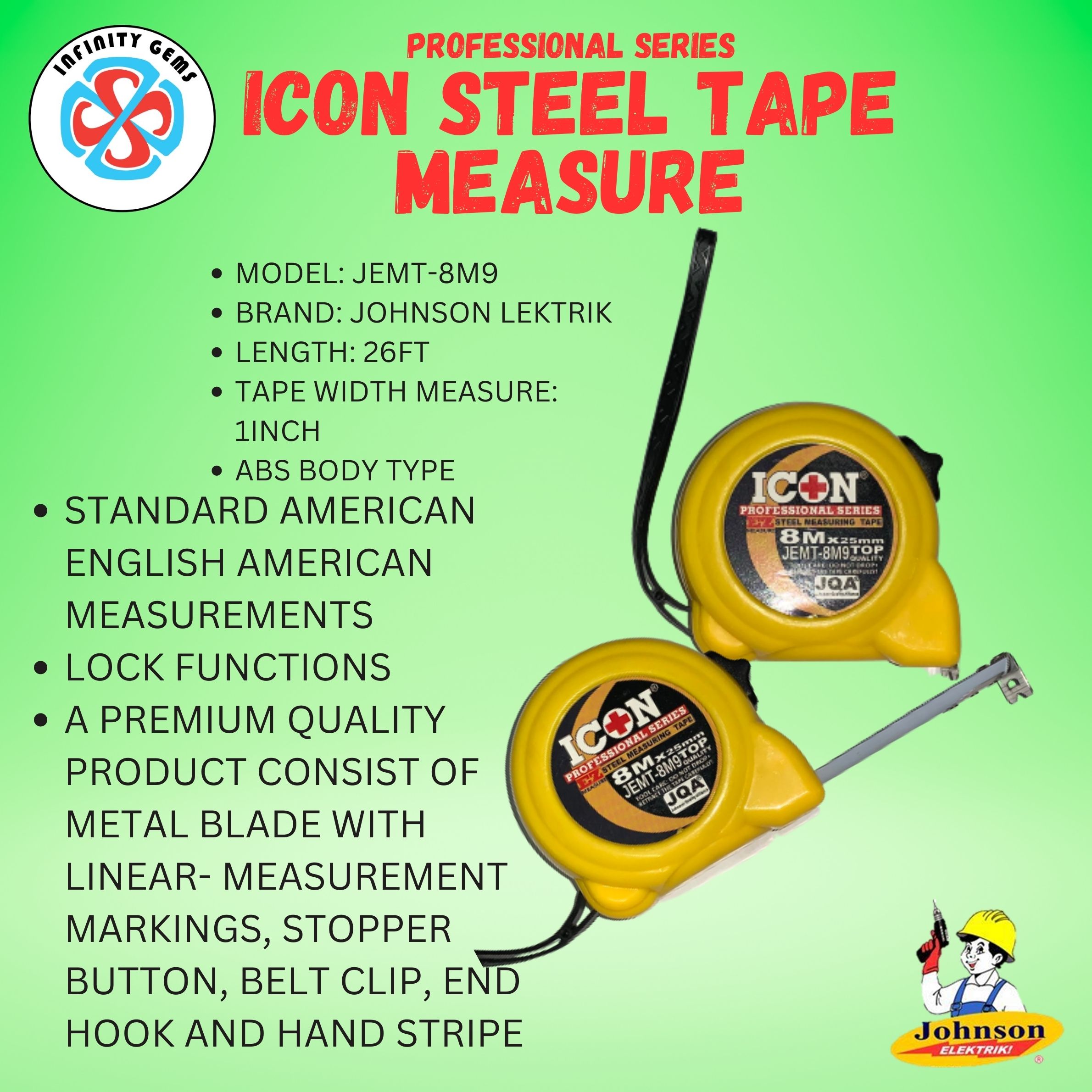 TAPE MEASURE- JOHNSON ELEKTRIK- JEMT-8M9 8MX25MM | Lazada PH