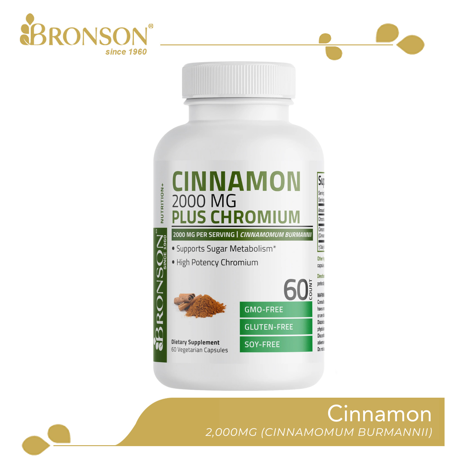 Bronson Cinnamon Plus Chromium, Non-GMO 2,000MG (60 Vegetarian Capsules ...