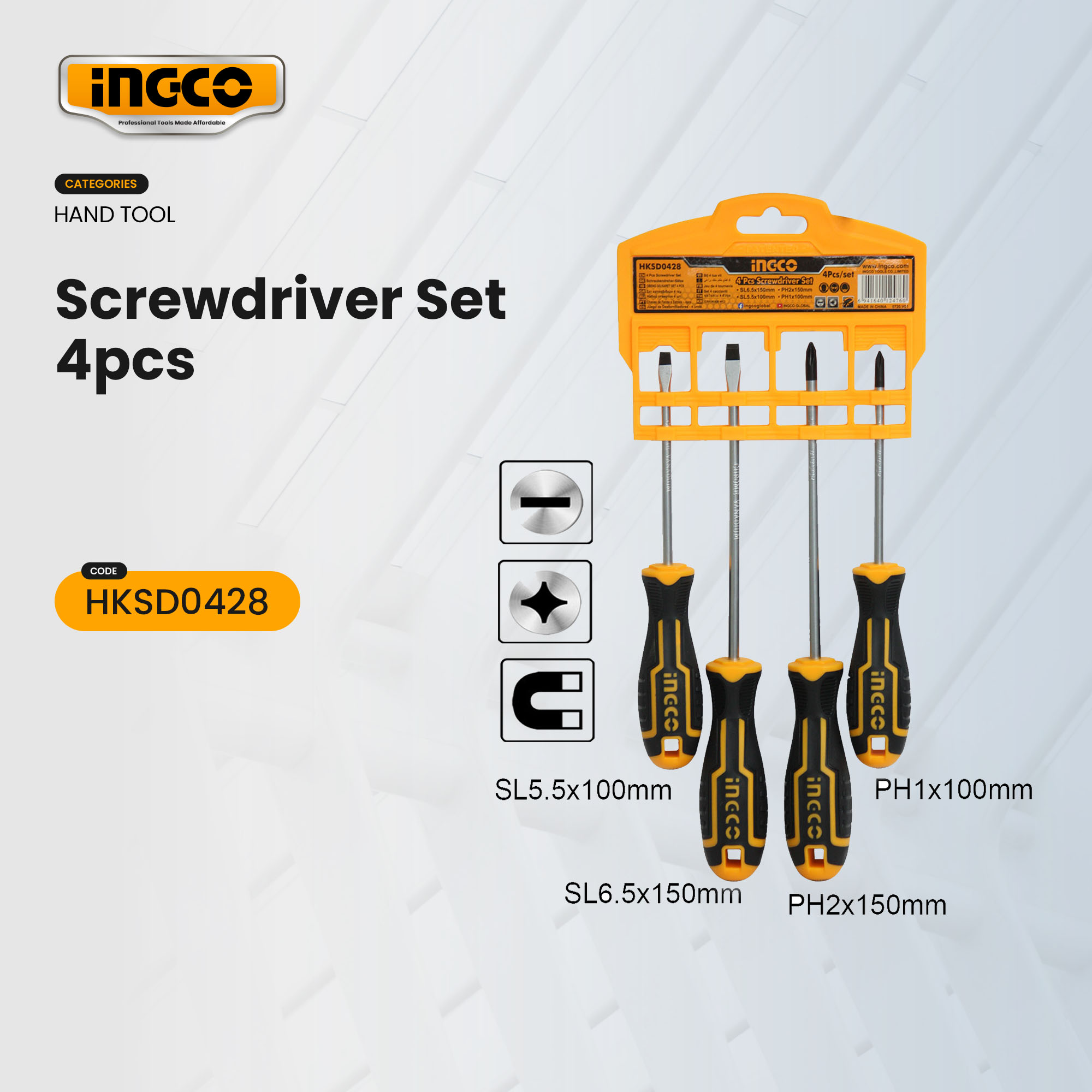 INGCO 4PCS Screwdriver Set Phillip & Slotted Screw Driver Magnetic Tip ...